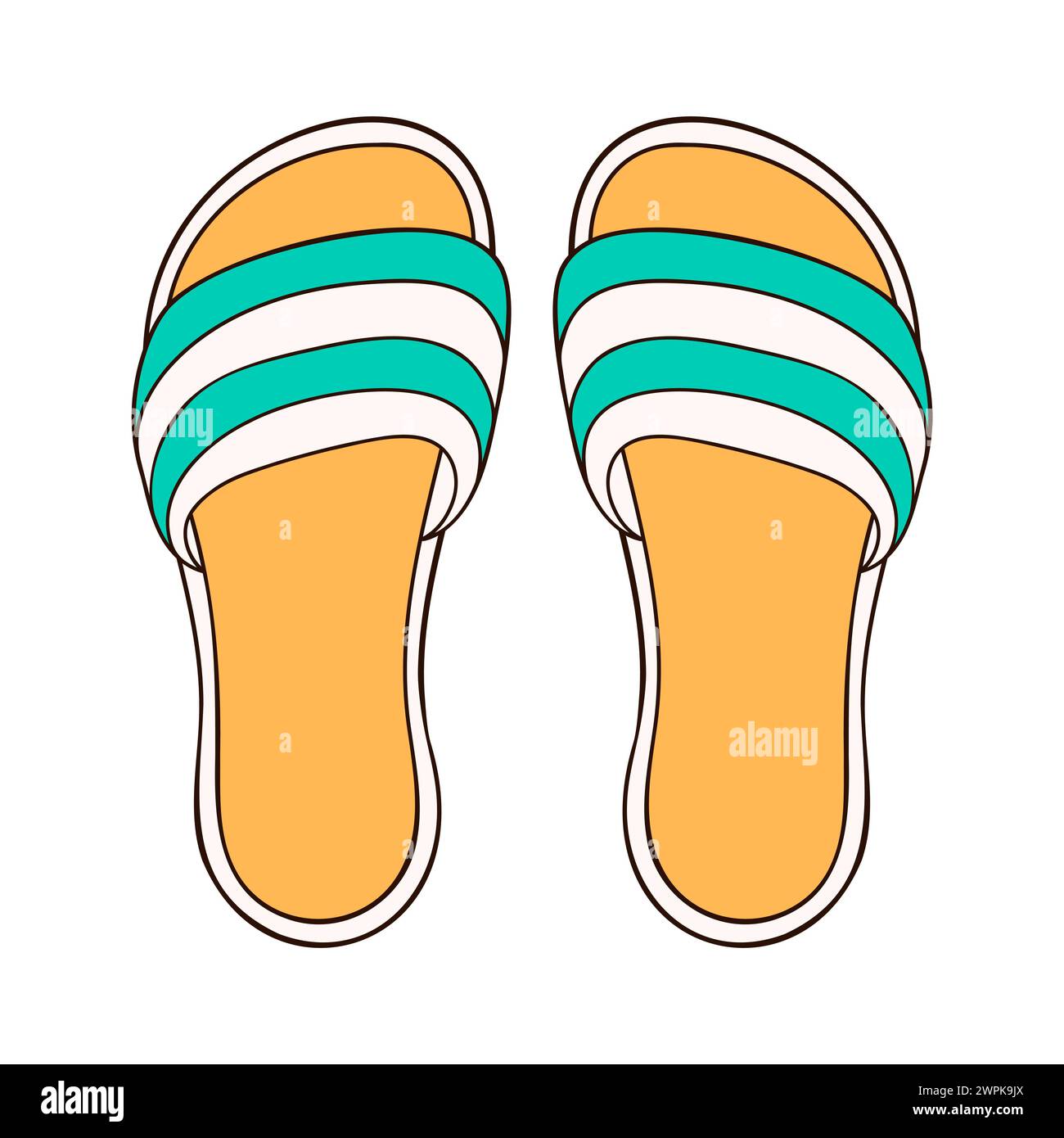 Slipper with stripes icon in cartoon style. Flip flops beach shoes green and yellow color ...