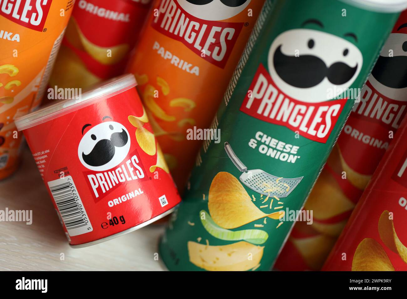 KYIV, UKRAINE - FEBRUARY 27, 2024 Pringles original potato chips on ...