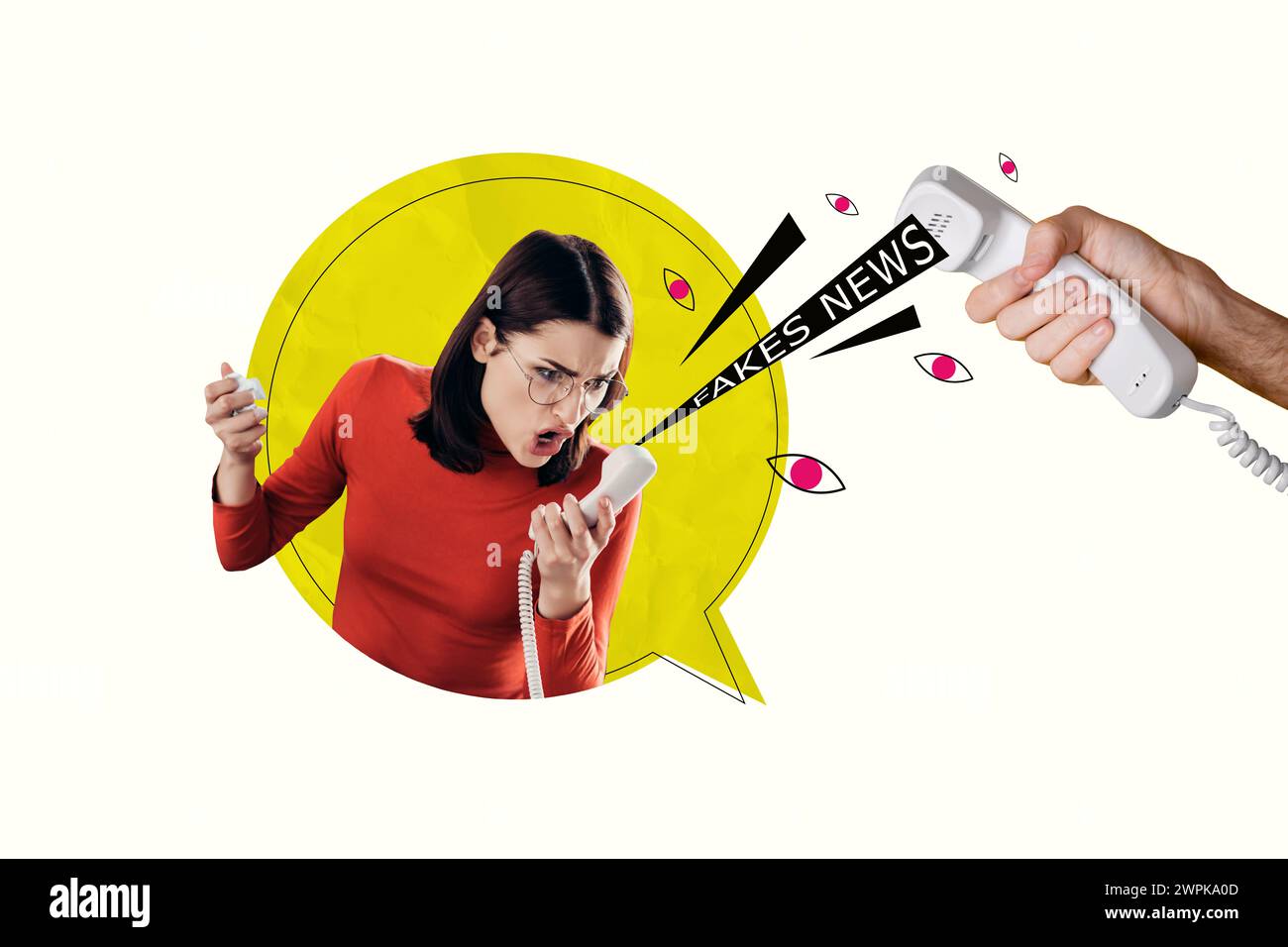 Photo collage picture of aggressive woman answer telephone call fake ...