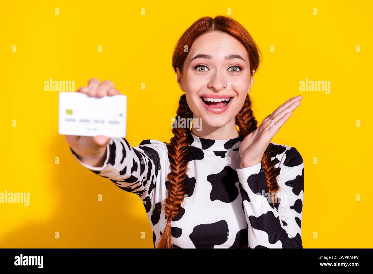 Photo of shocked impressed woman wear cow skin print top showing you ...