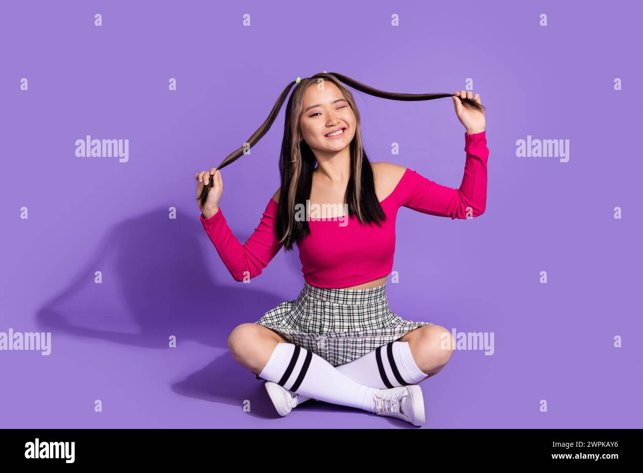 Full length photo of carefree flirty lady dressed pink top winking eye ...