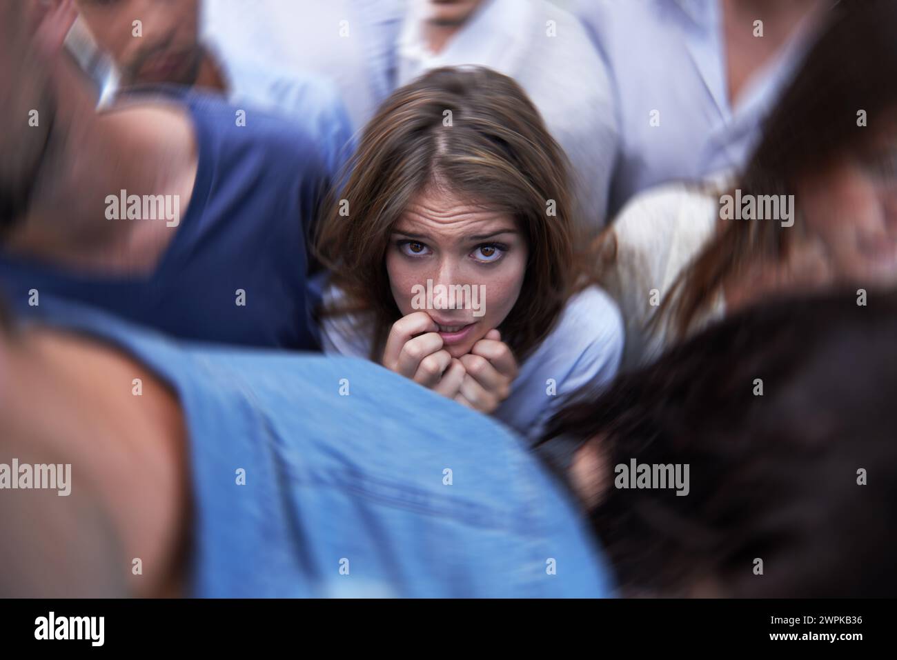 Woman, crowd and trapped with social anxiety at work with stress ...