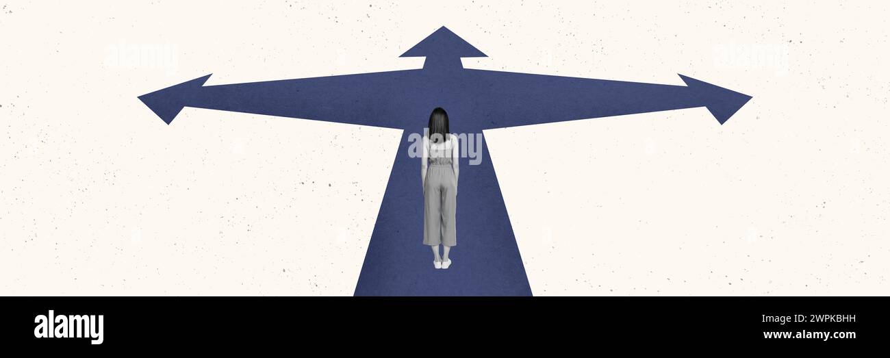 Panoramic creative collage standing alone girl thinking choice decide ...