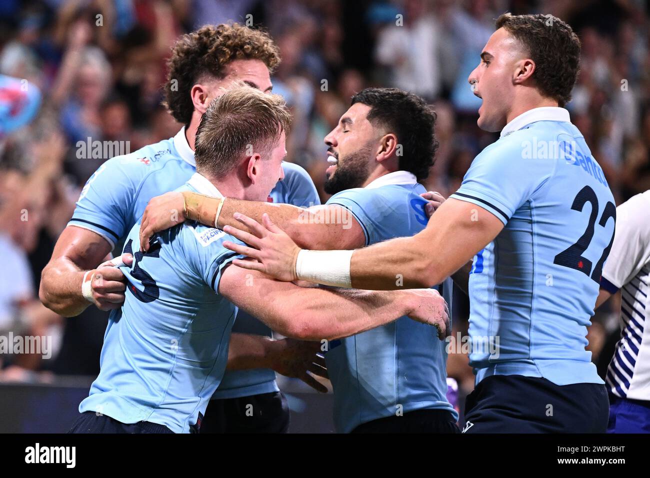 Sydney, Australia. 08th Mar, 2024. Max Jorgensen of the Waratahs (left ...
