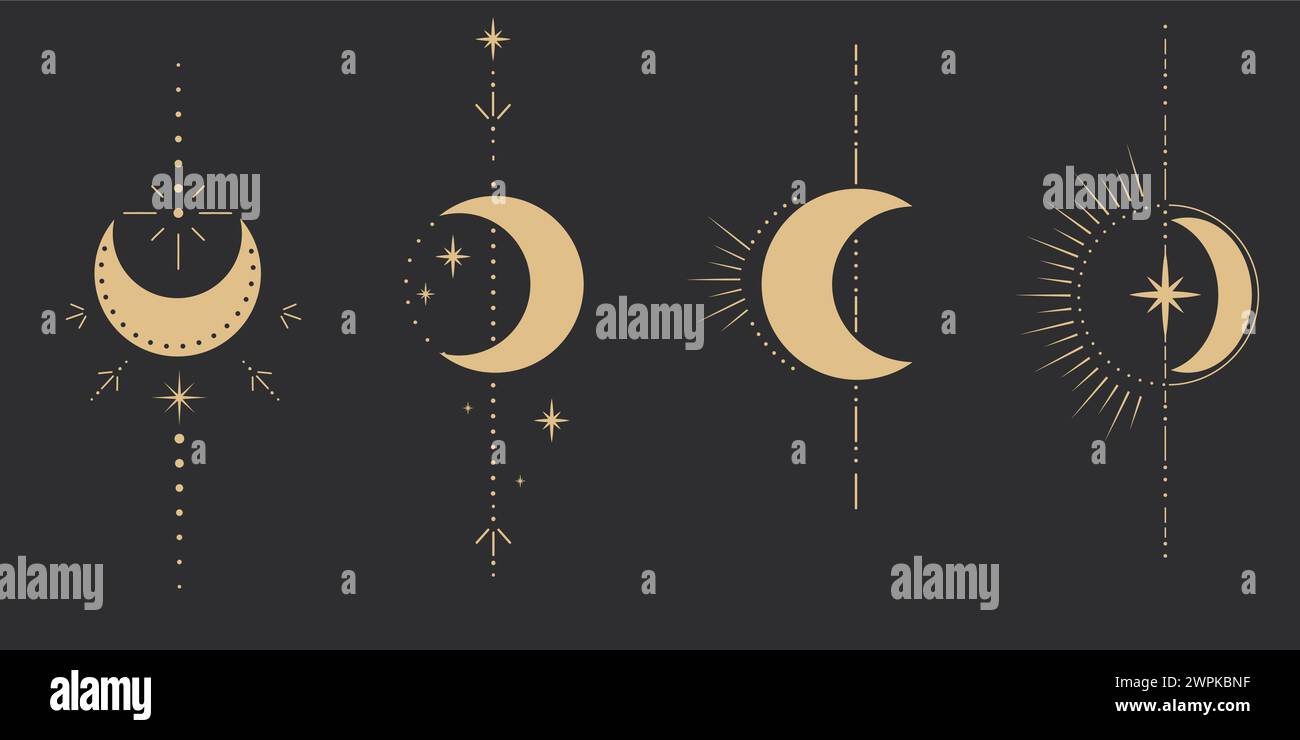Set gold mystic moon celestial astrology magic element with rays, stars ...