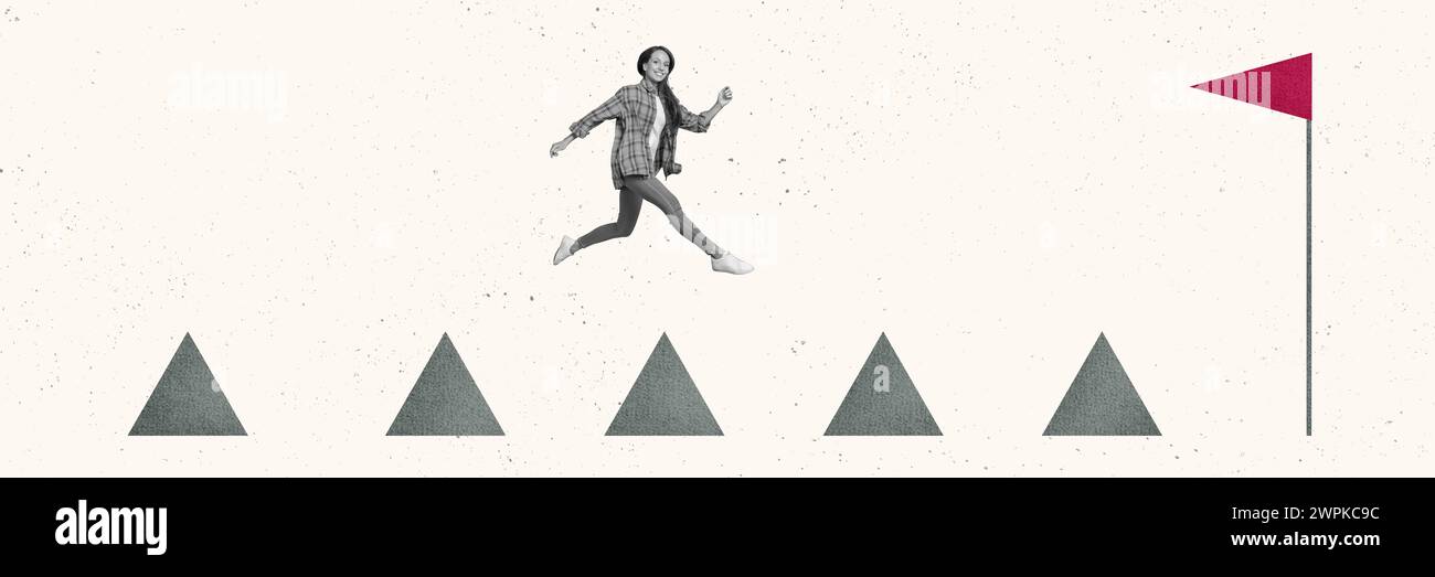 Creative panoramic photo collage young persistent girl overcome ...
