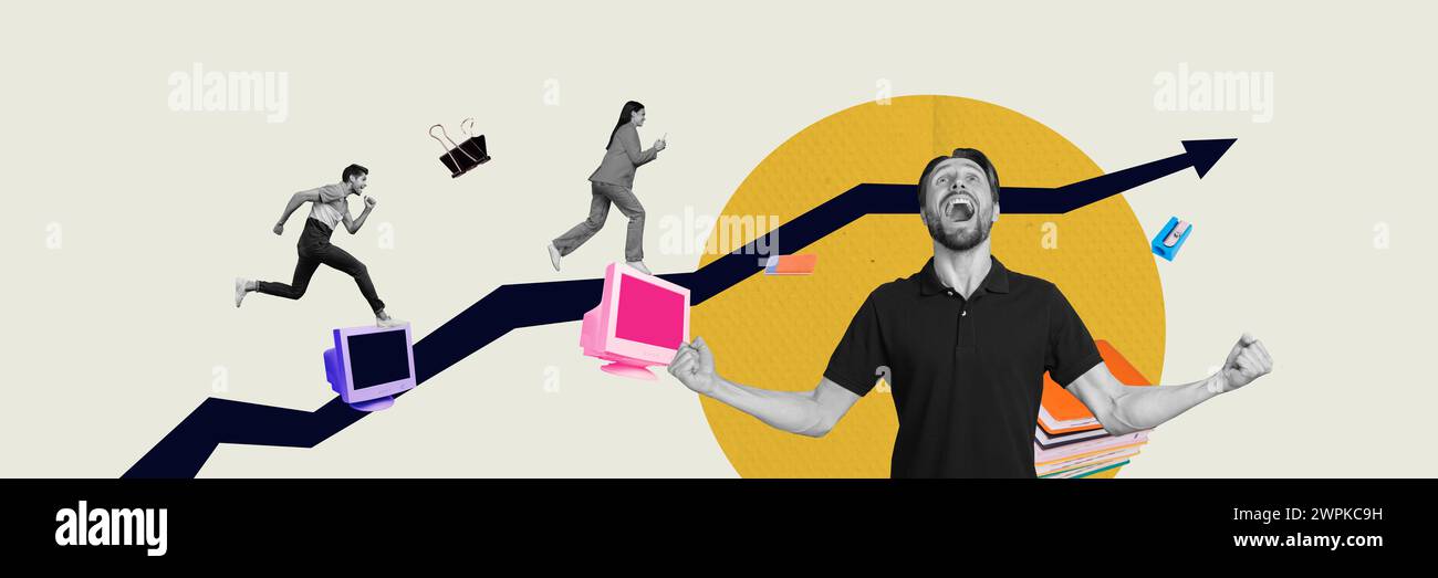 Horizontal image collage of progress running colleagues do their best ...