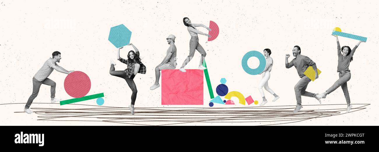 Creative panoramic photo collage teamwork concept cooperation ...