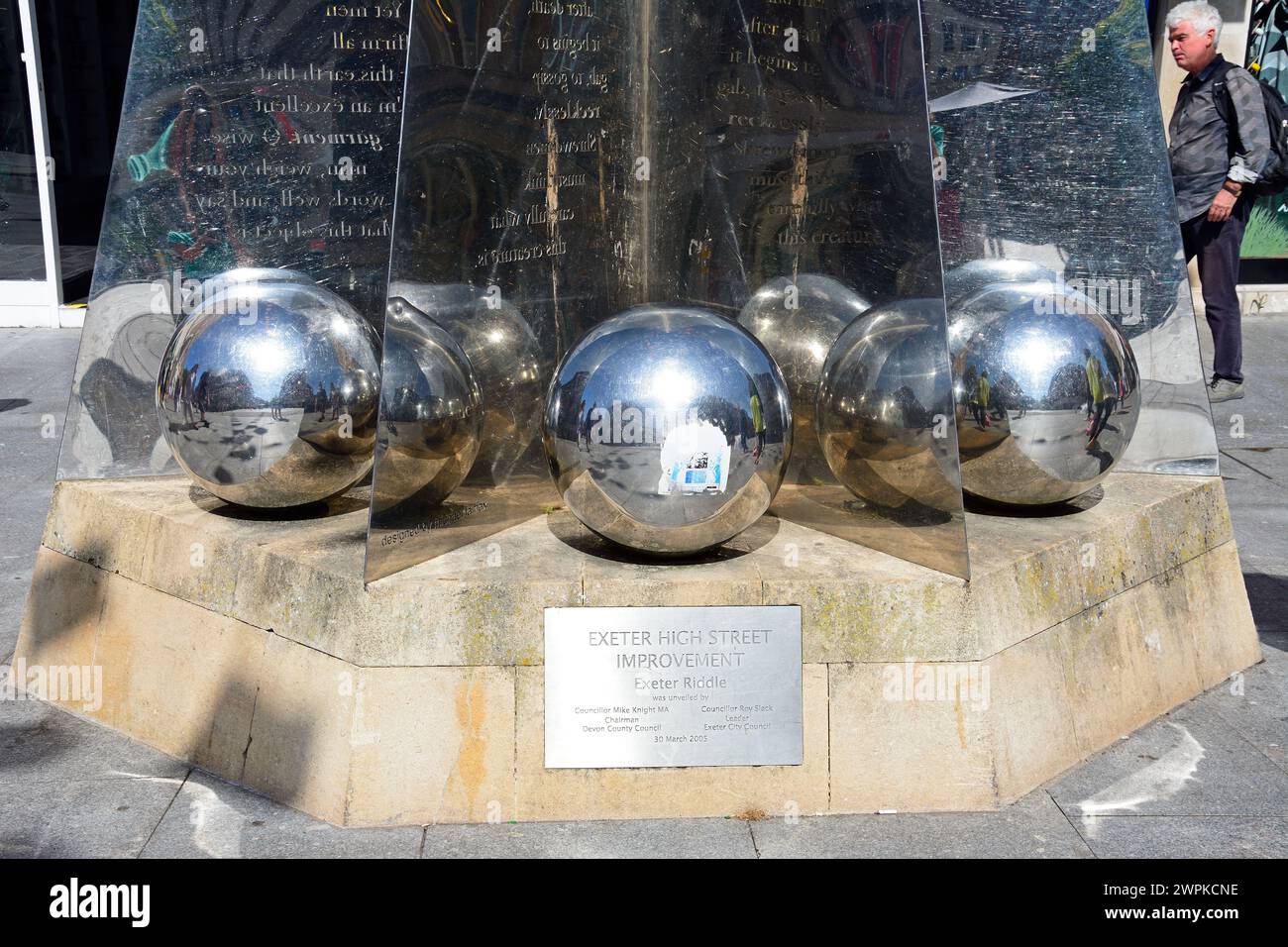 Silver balls at the base of the Exeter Riddle sculpture along High ...