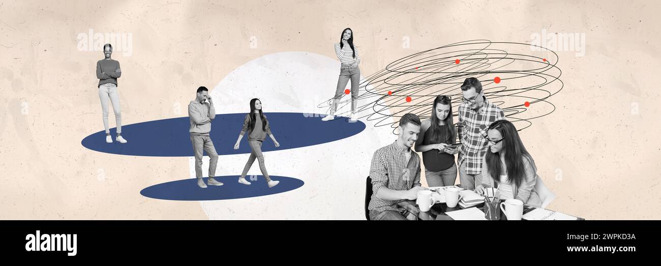 Composite photo collage of team colleagues work process discussion ...