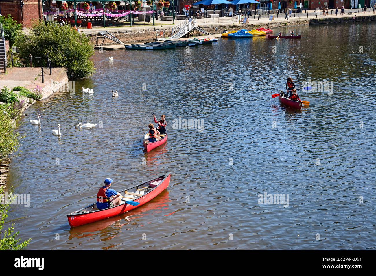 Canoeists along the River Exe with shops and restaurants along the East ...