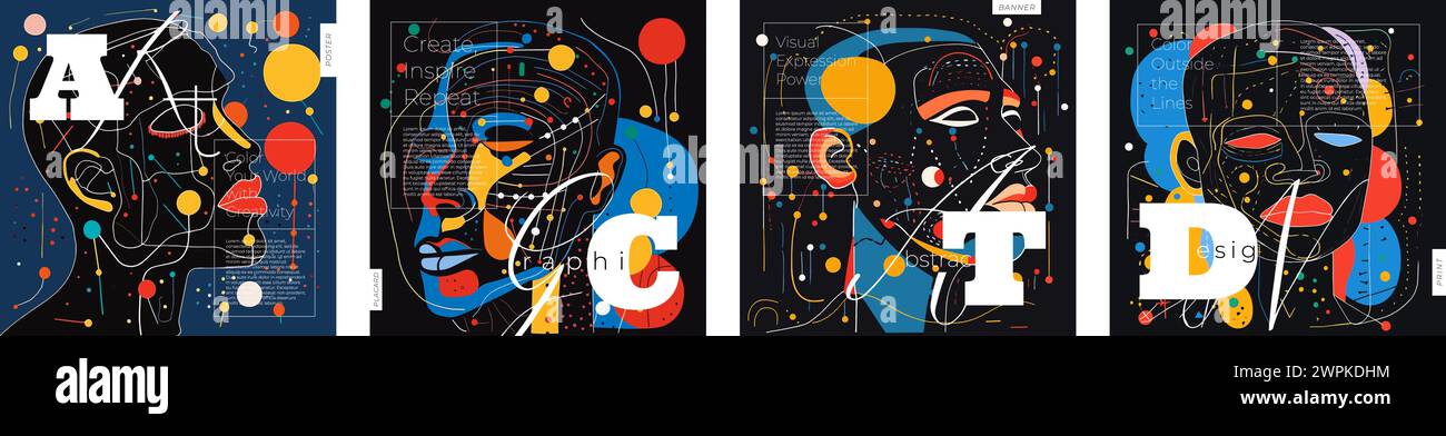 Artistic square banner set. Abstract person portrait face in simple ...