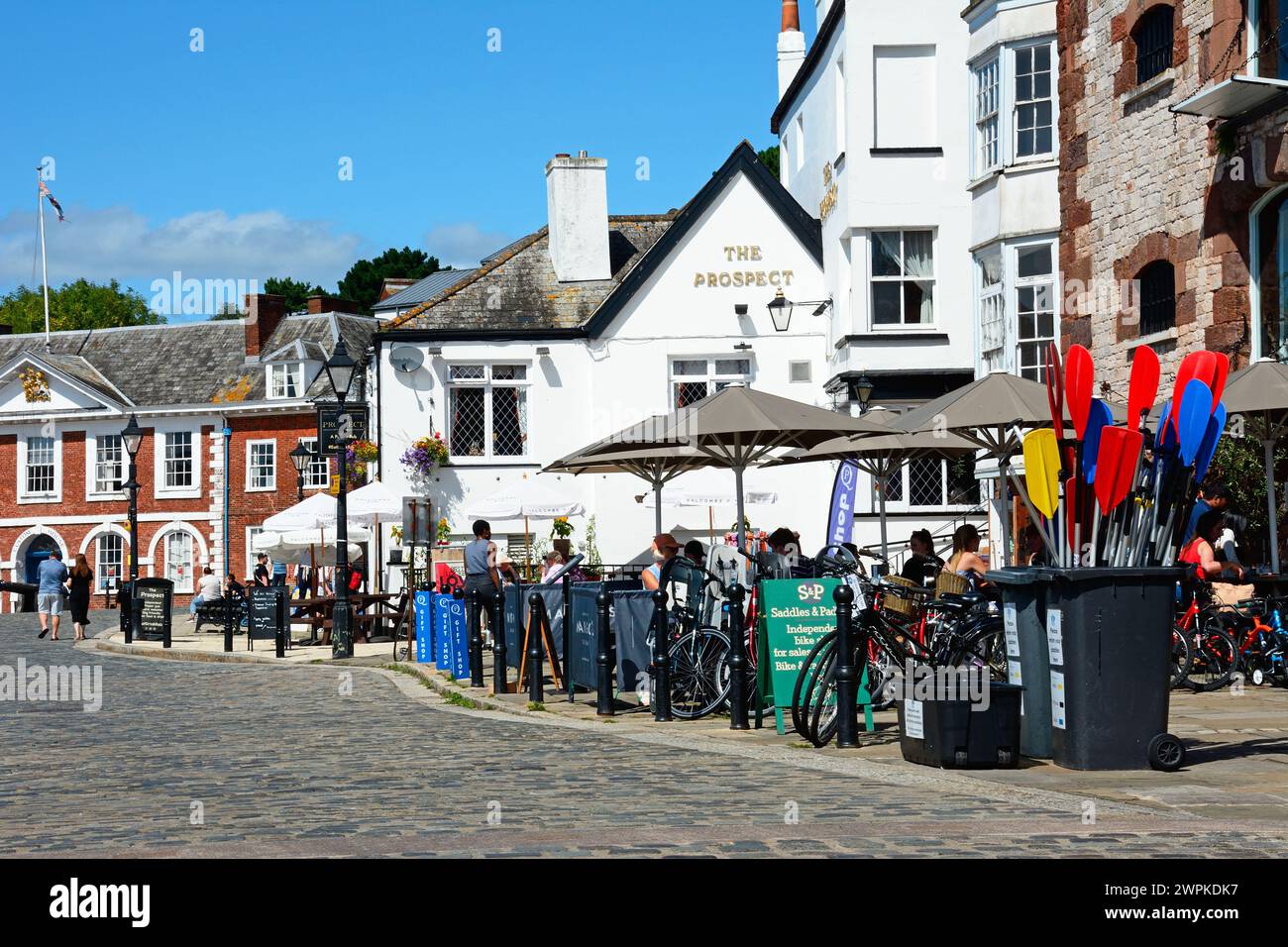 Shops and cafes along the river Exe with The Prospect Pub and the ...