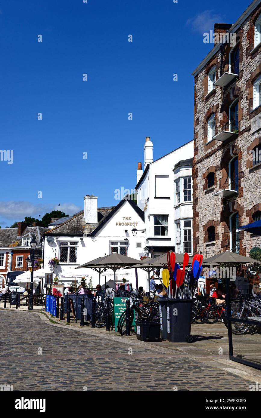 Shops and cafes along the river Exe with The Prospect Pub and the ...
