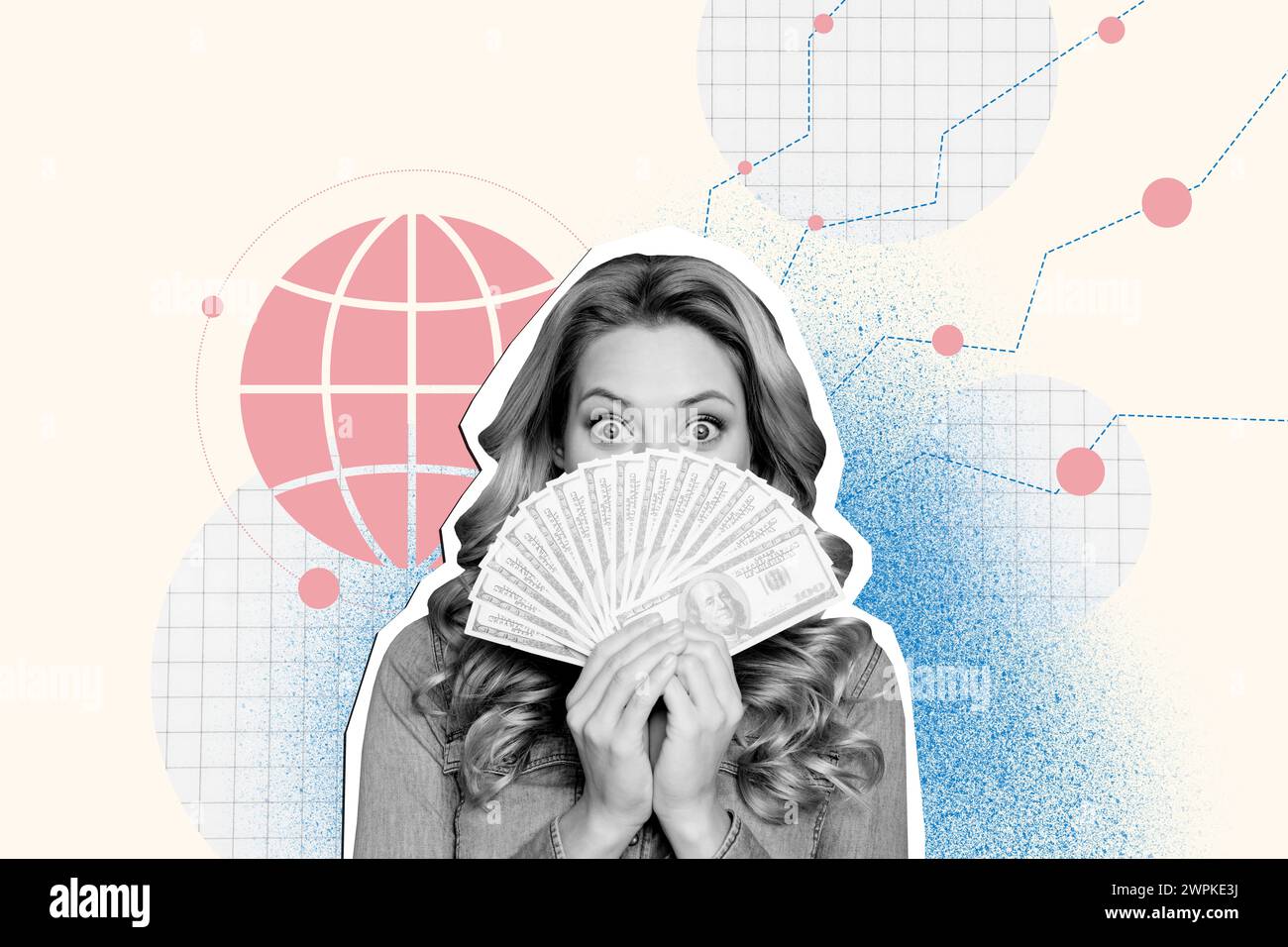Composite photo collage of young girl peek pile money fan dollars ...