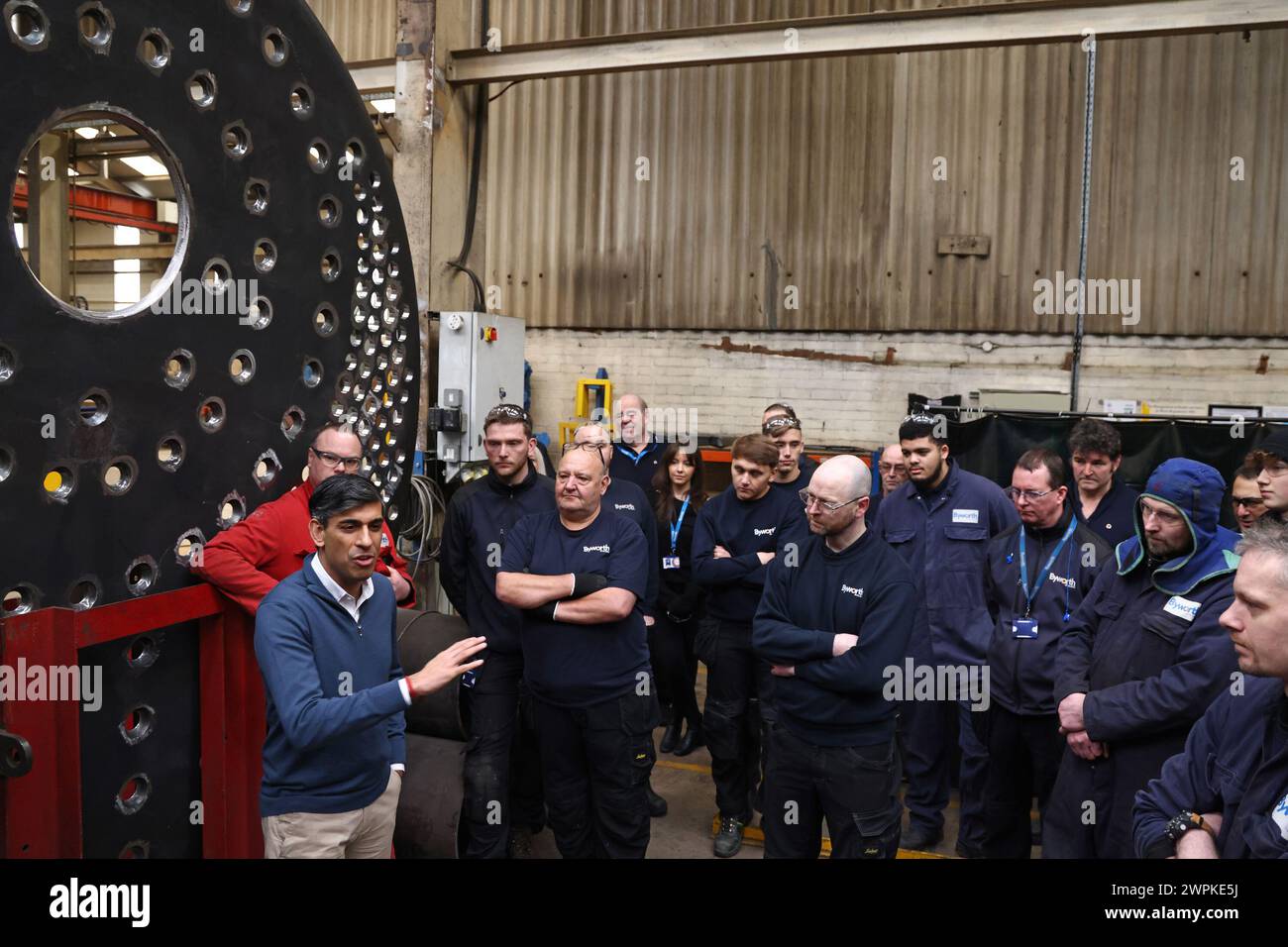 Prime Minister Rishi Sunak talks to staff during a visit to Byworth ...