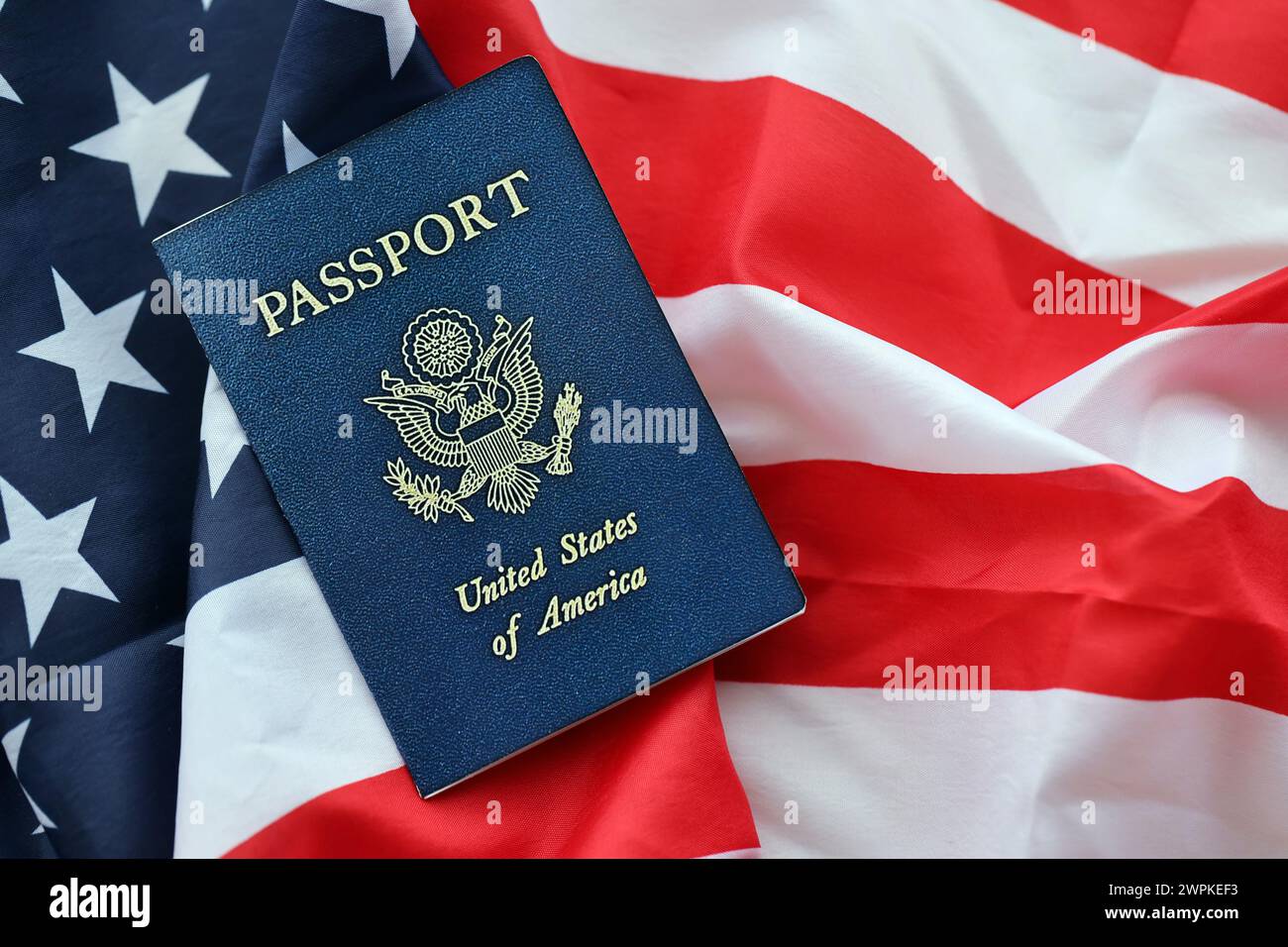 Blue United States of America passport on national flag background ...