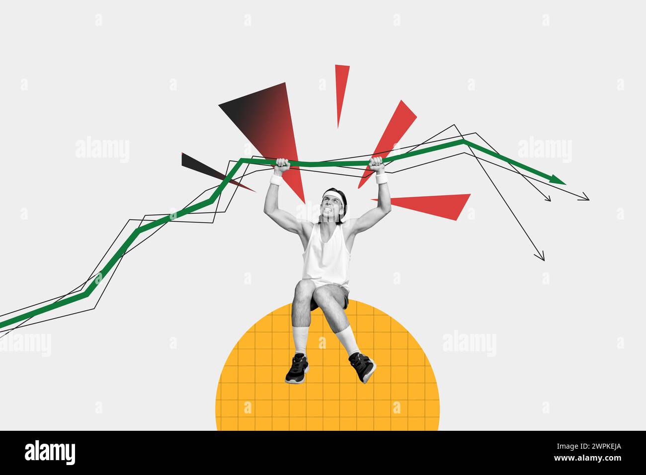 Composite photo collage of young angry athlete fall line graph decrease ...