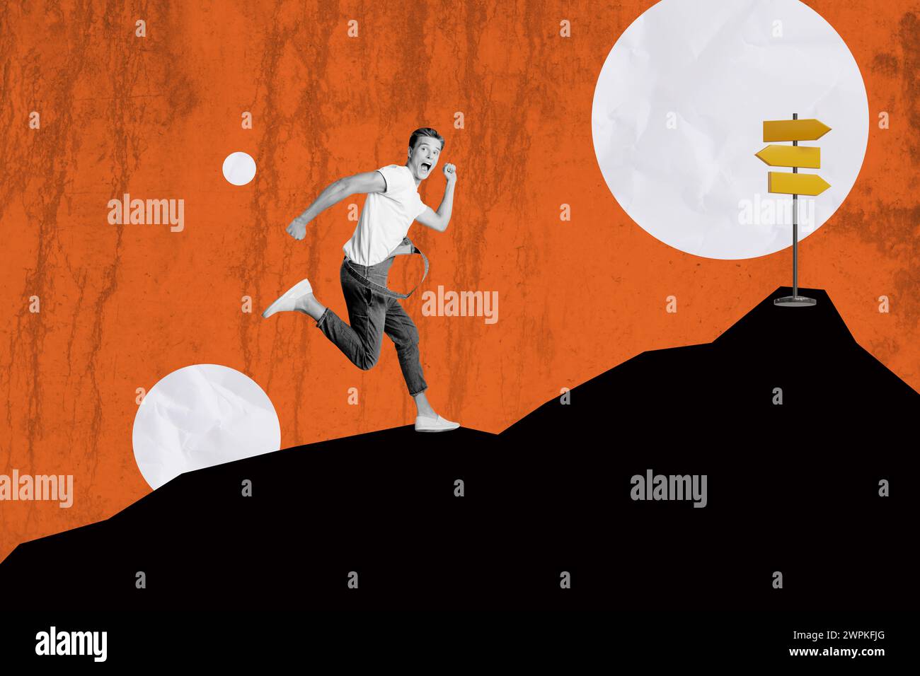 Composite photo collage of young scared guy run look back mountain ...