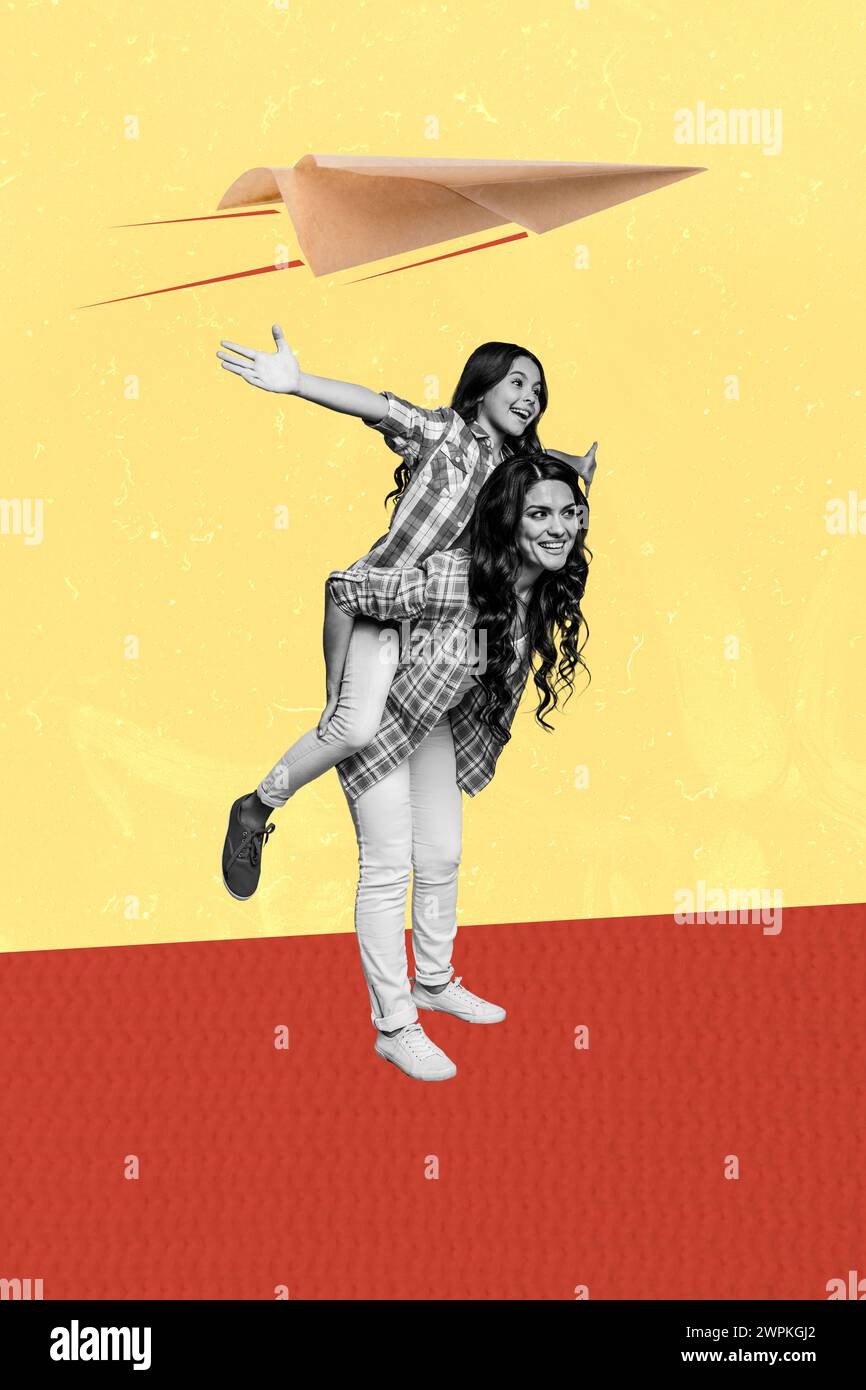 Composite collage image of mom piggyback daughter spread hands plane ...