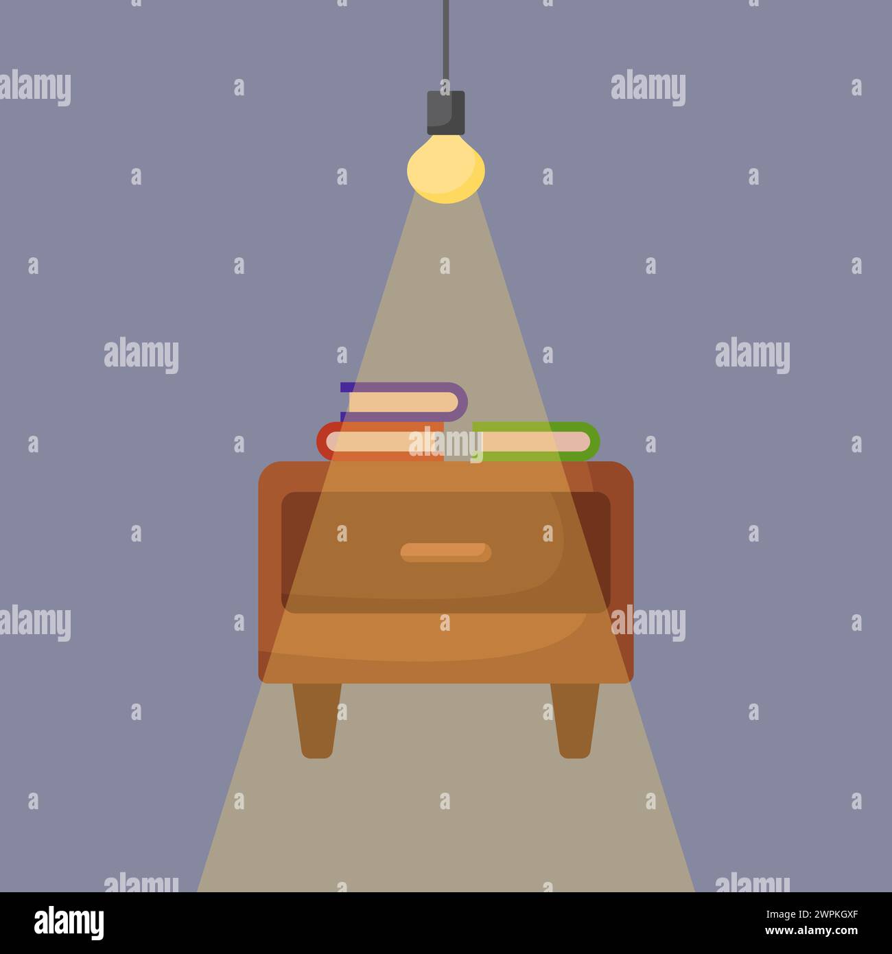 The lamp above the bedside table. Light in the room. Books on the ...