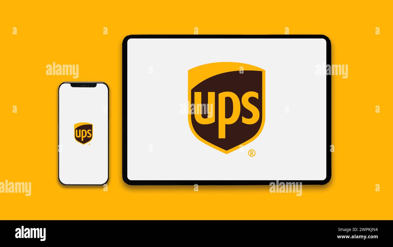 The UPS logo displayed on a cell phone, and a monitor screen Stock ...