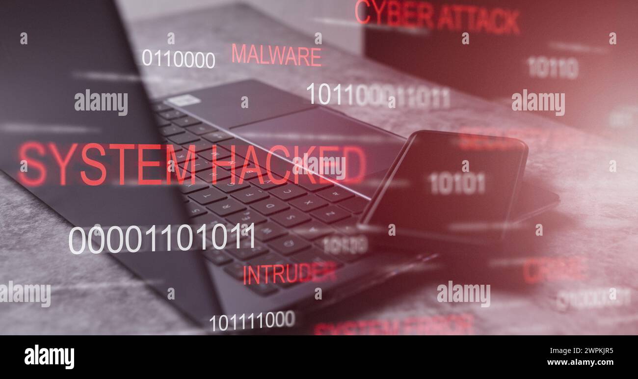 Desktop photo with system hacked alert hologram interface. Compromised ...