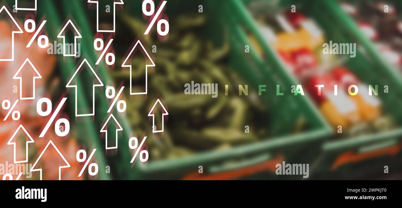 Graph of arrows and percent icon rising up over supermarket photo to ...