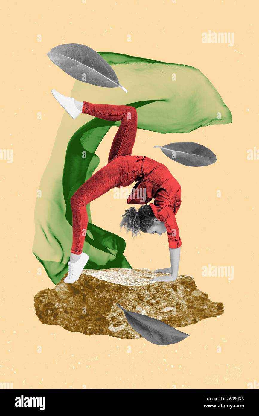 Collage 3d Sketch Image Of Sporty Lady Enjoying Flexibility Exercises