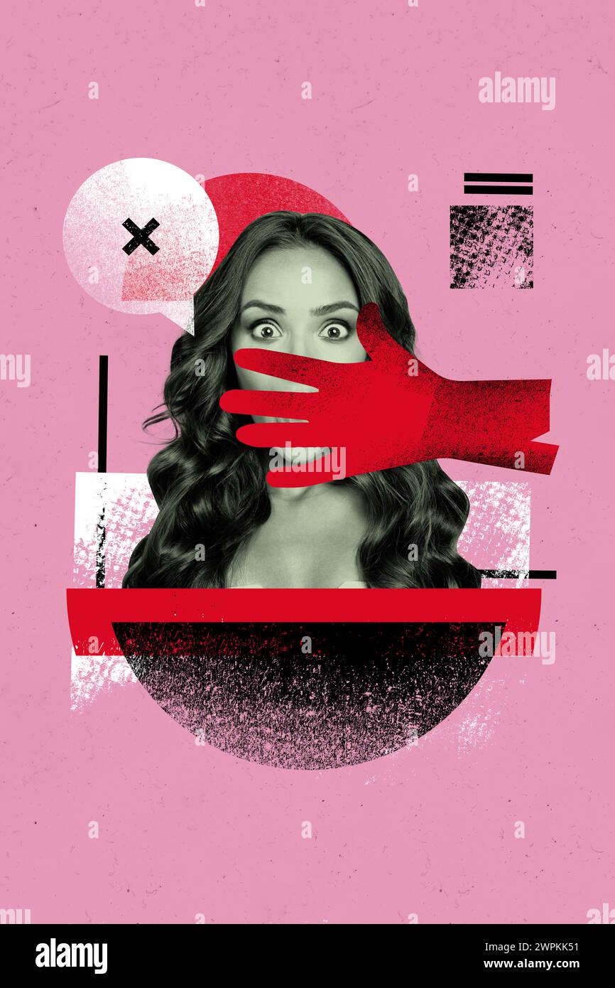 Collage image picture of beautiful woman covered face mouth with arm ...