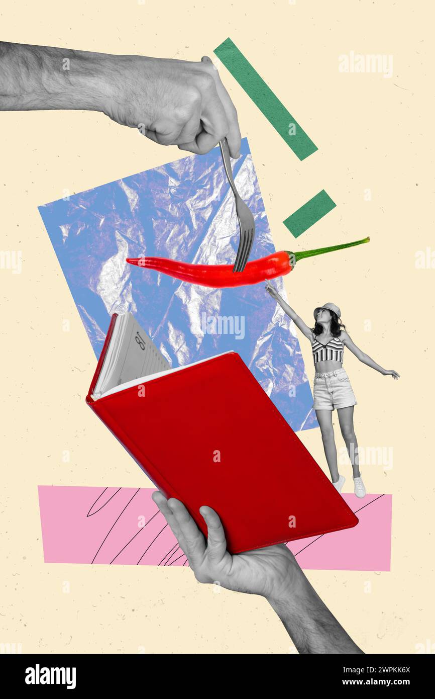 Collage image of funny young girl taking red chili pepper reading book ...