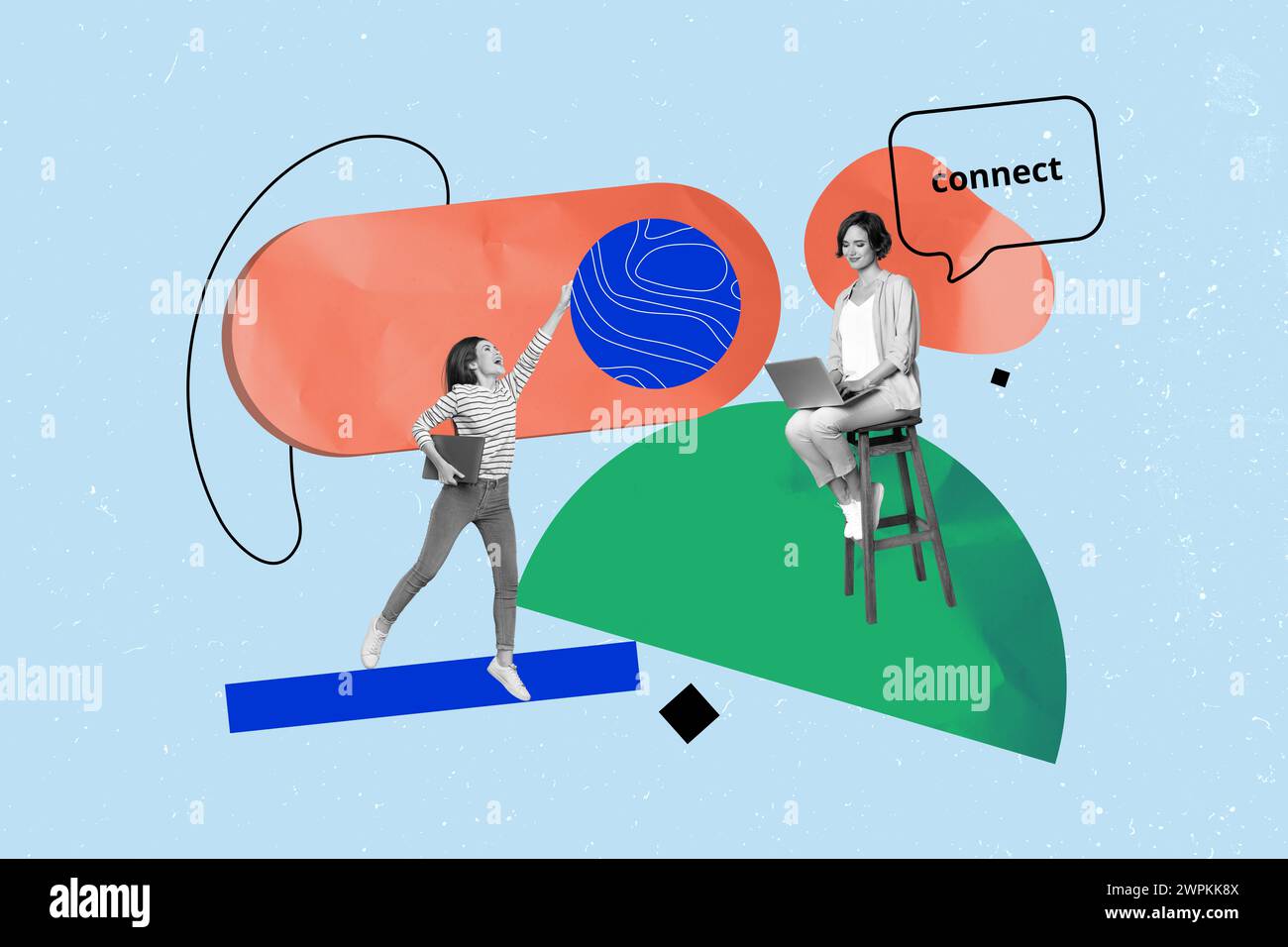Creative trend collage of funny two businesswoman work together toggle ...