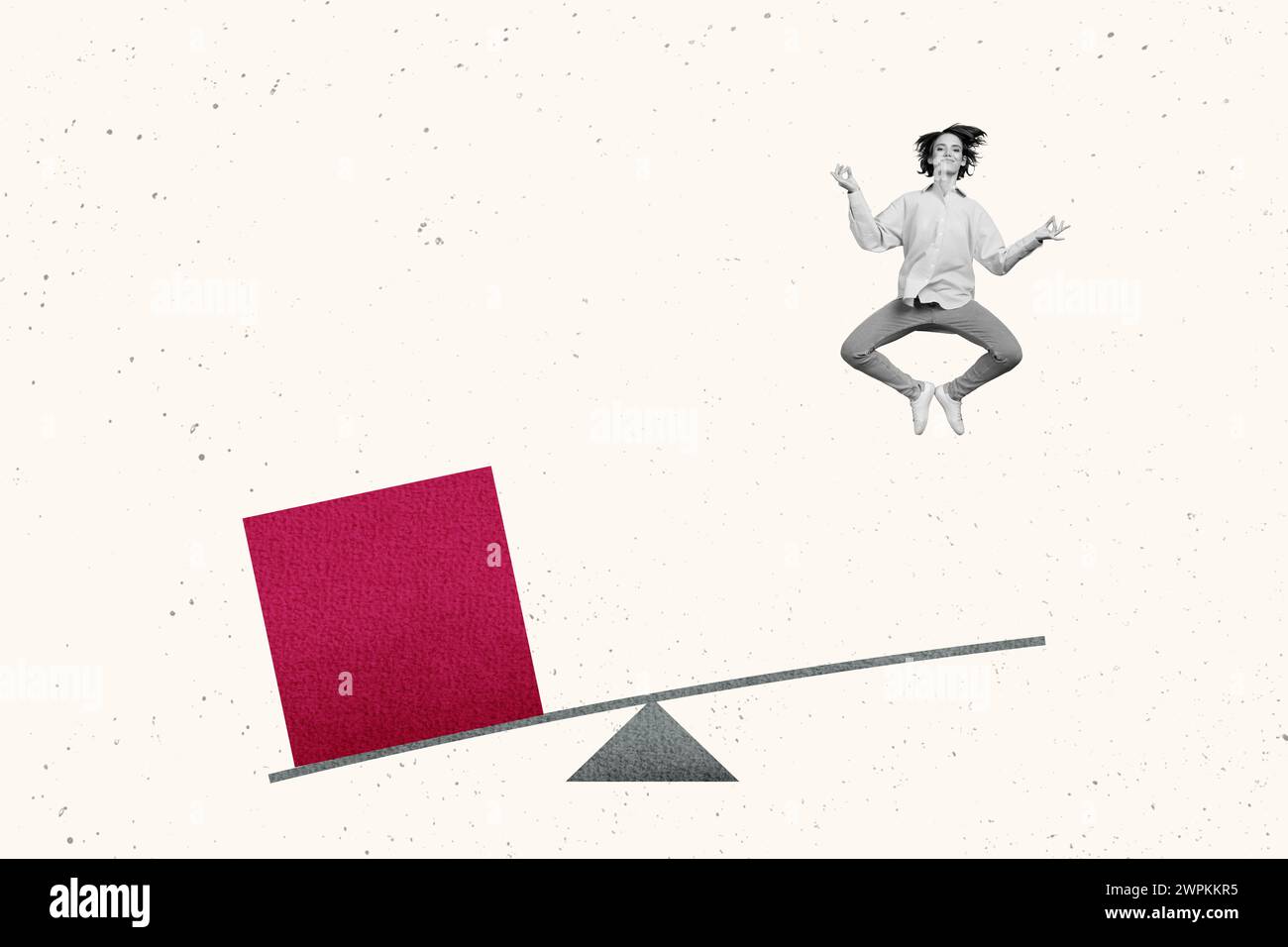 Creative photo collage young levitating smiling girl scales geometry ...