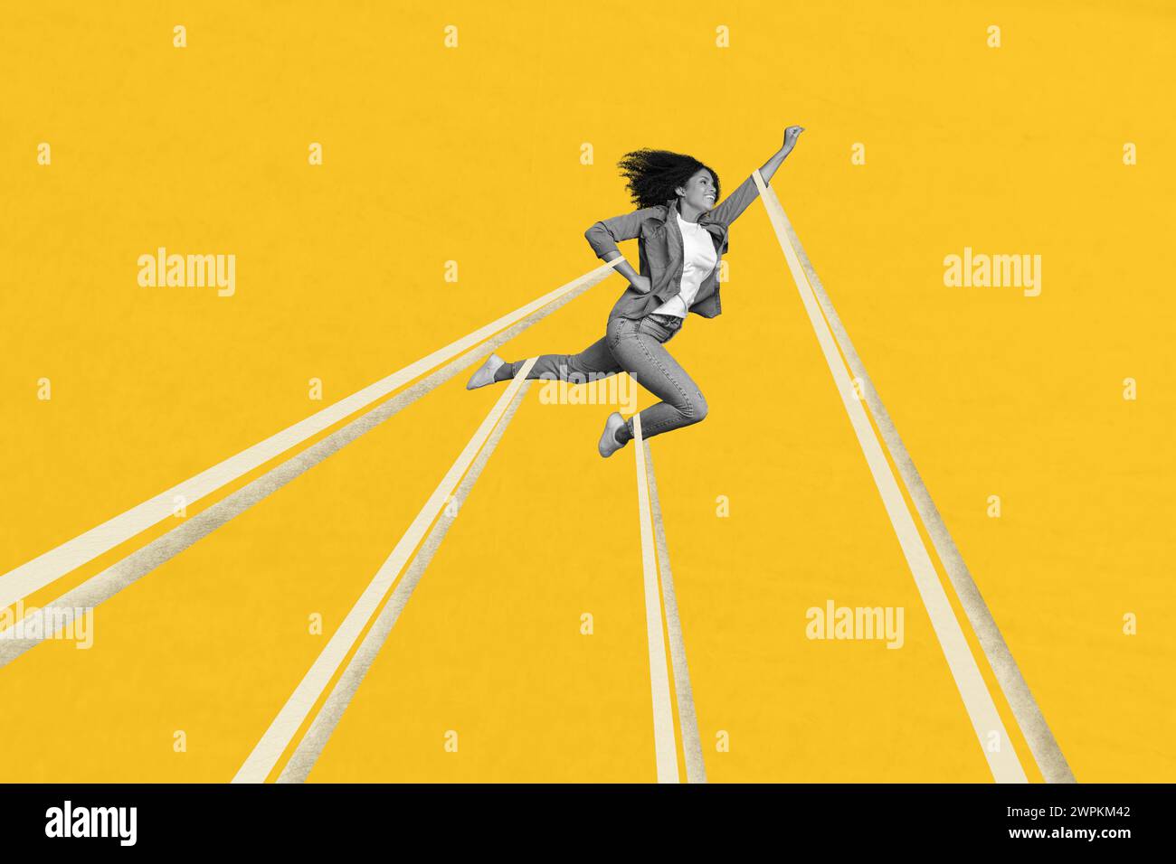 Creative collage picture confident young girl fly upwards superman hero ...