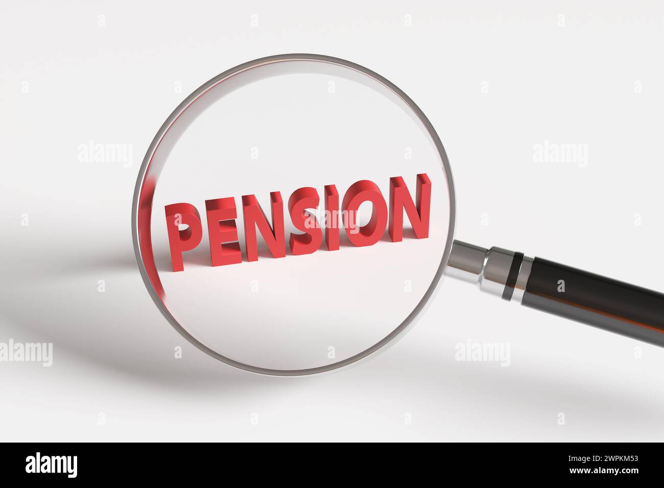 Magnifying glass is enlarging the red word PENSION in the white ...