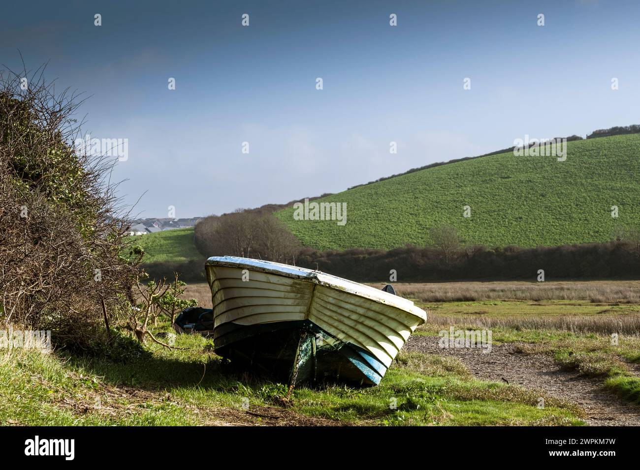 An old dinghy moored at low tide on the tidal Gannel Estuary in Newquay ...