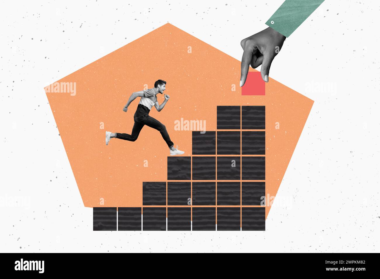 Photo collage creative picture running young man climb upwards reach ...