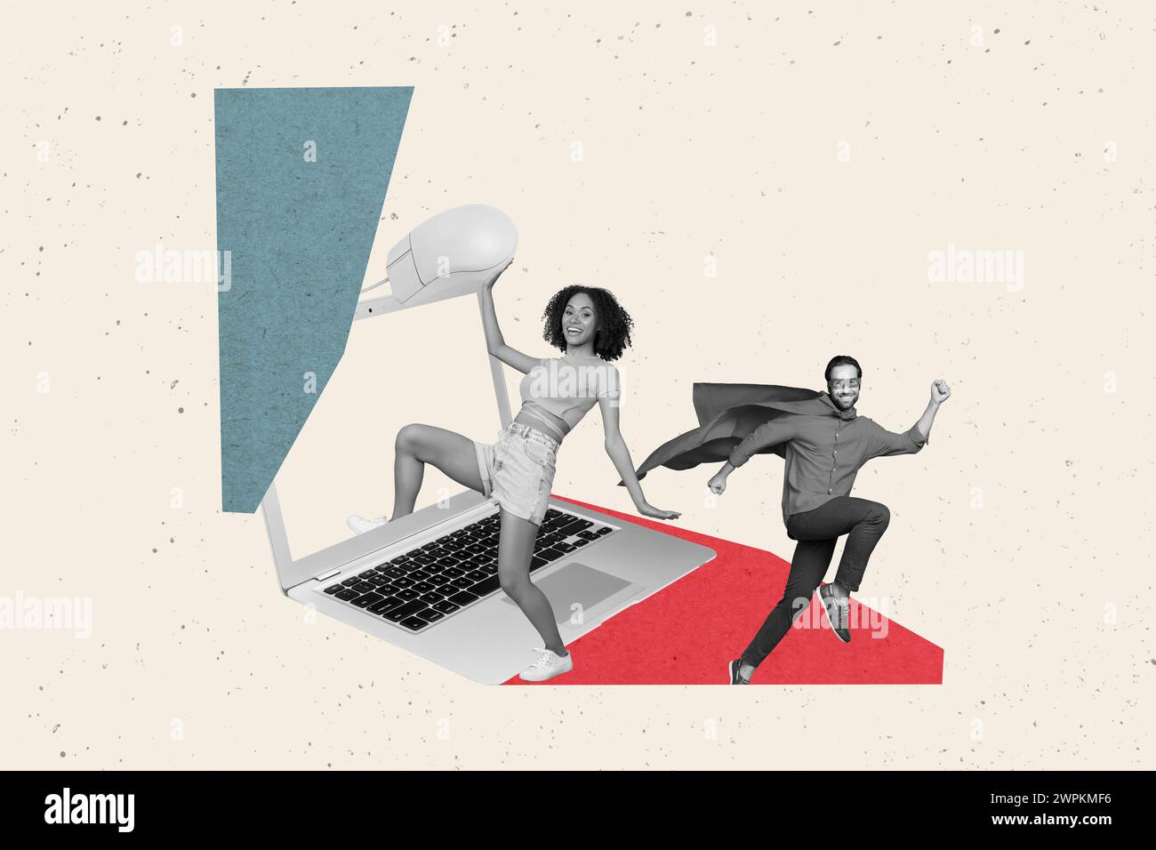 Collage surreal two young girl man superhero step inside laptop screen ...
