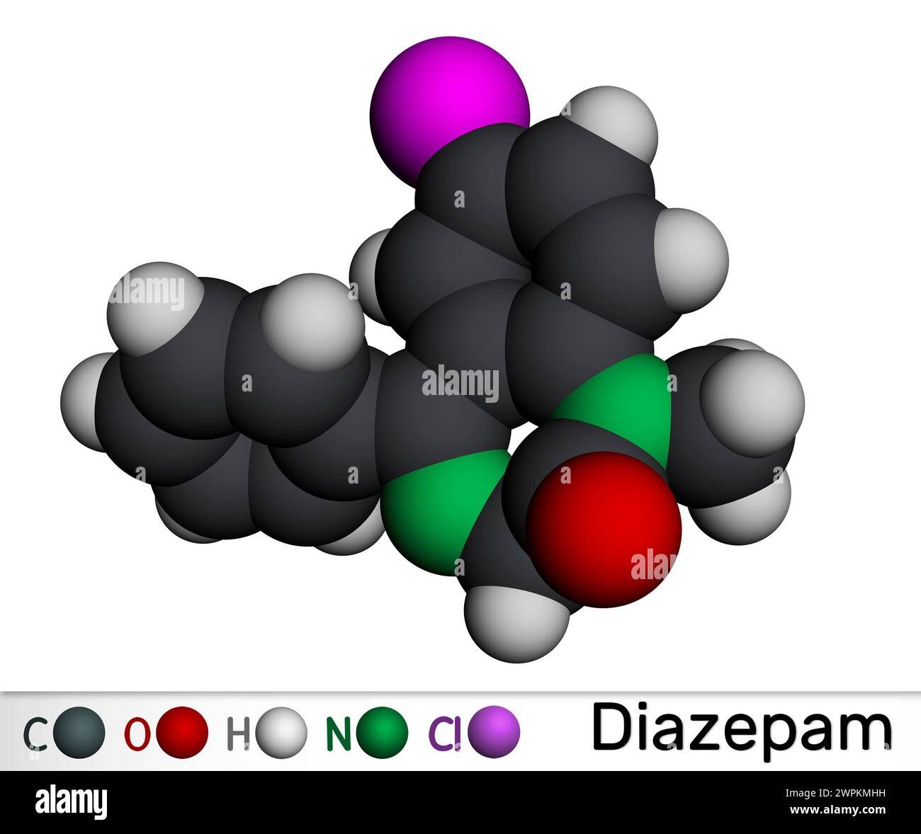 Diazepam drug molecule. It is long-acting benzodiazepine, used to treat ...