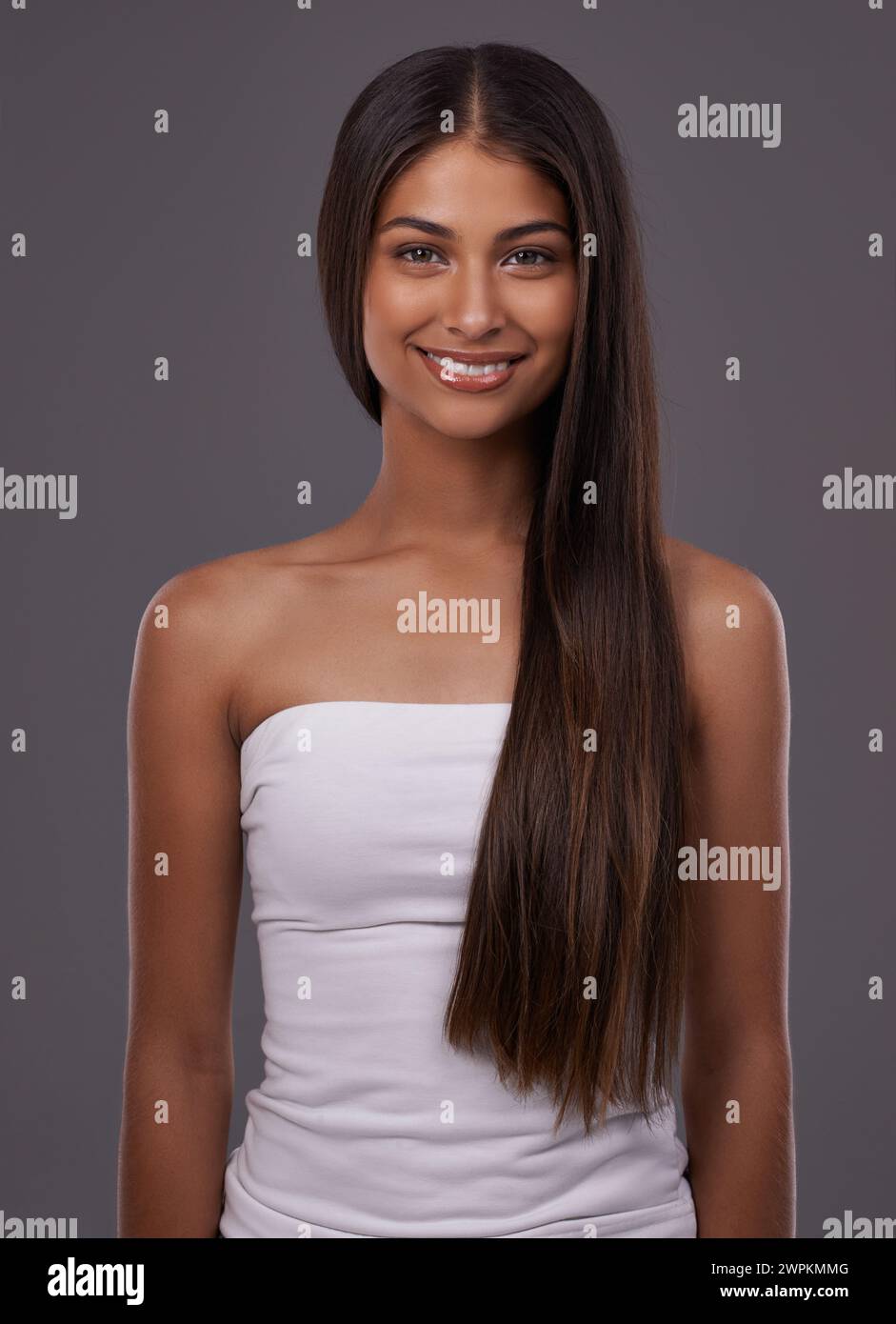Hair care, portrait and happy woman with beauty or skincare isolated on ...