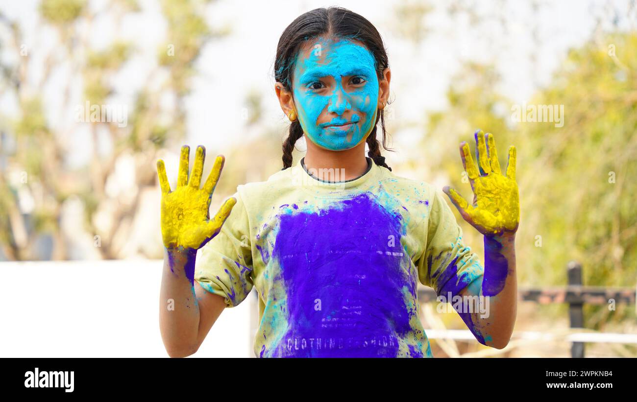 Happy Cute Smiling little Indian kids showing their colourful hands or ...