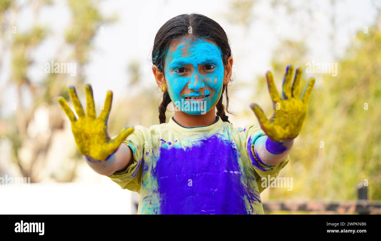 Happy Cute Smiling little Indian kids showing their colourful hands or ...