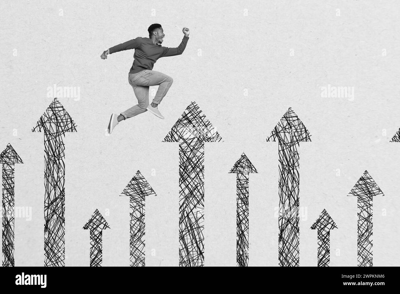 Creative photo collage young man running towards dream goal achievement ...