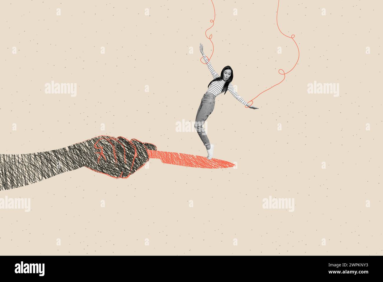 Composite photo collage of young girl stand tiptoes edge knife puppet ...