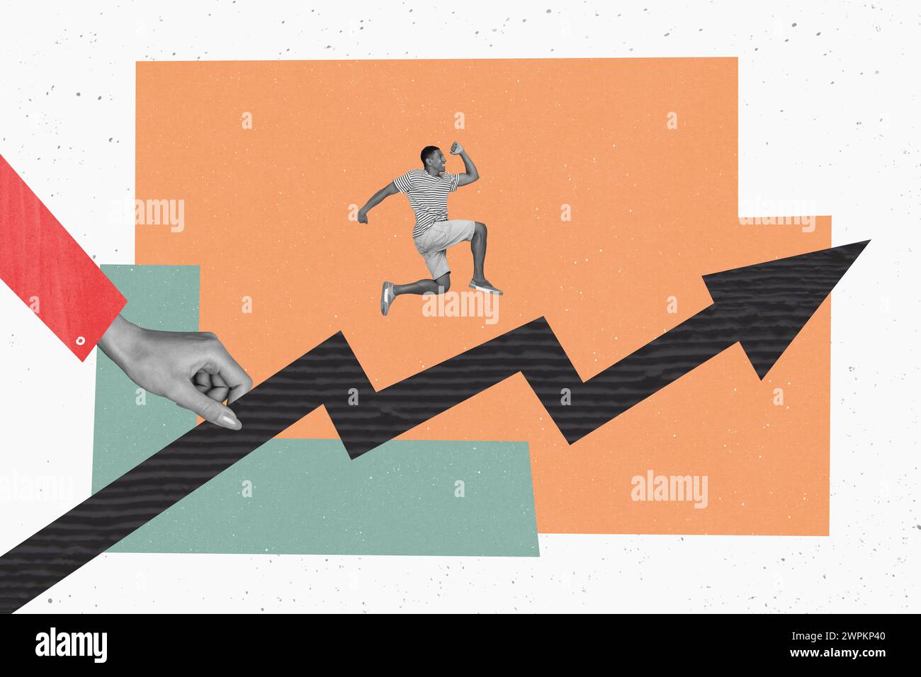 Creative picture collage young cheerful determined man reach success ...