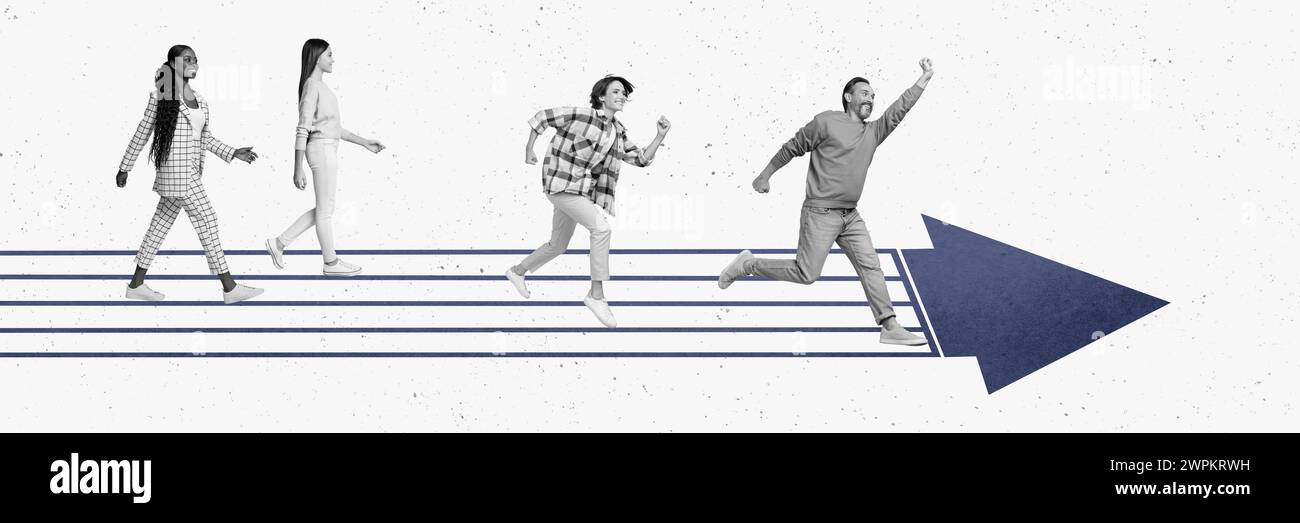 Panoramic creative collage running two man woman walking girls marathon ...