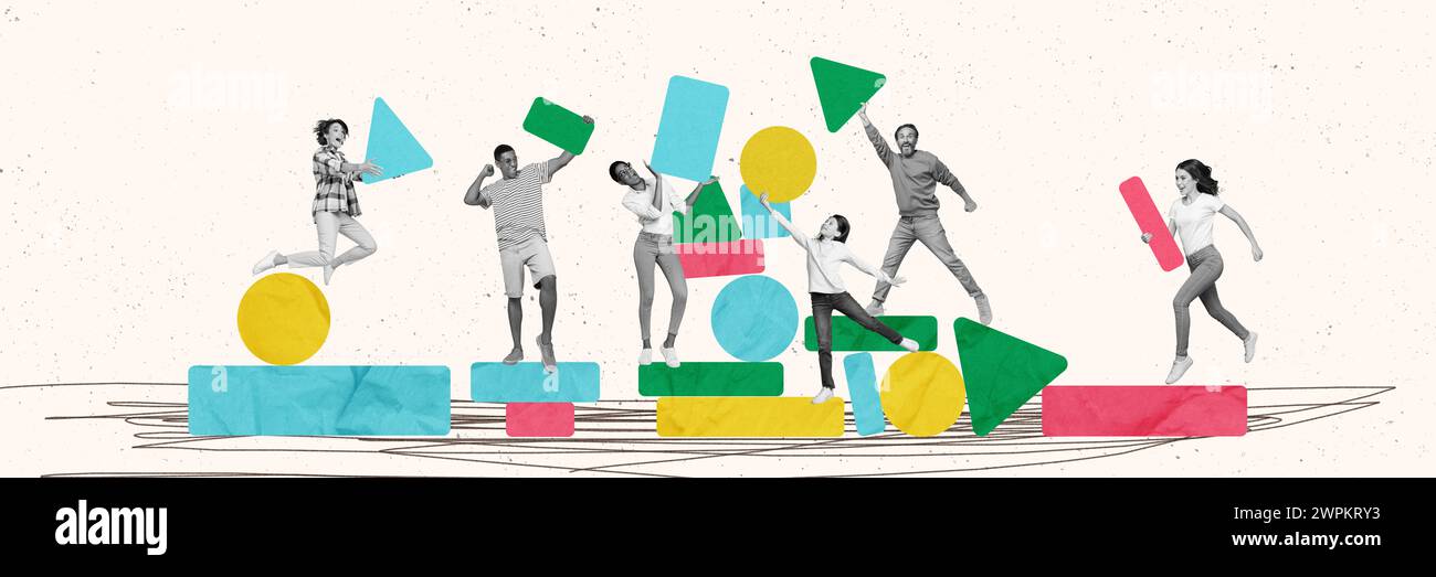 Panoramic creative collage team cooperation concept young people ...