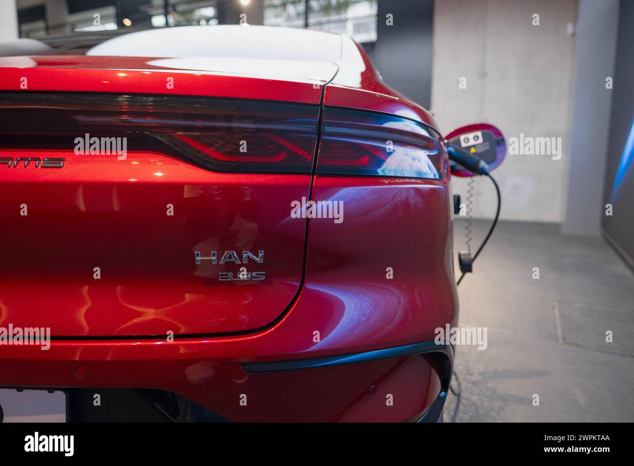 new red BYD Han EV 3.95, rear view, Electric Vehicle Chinese ...