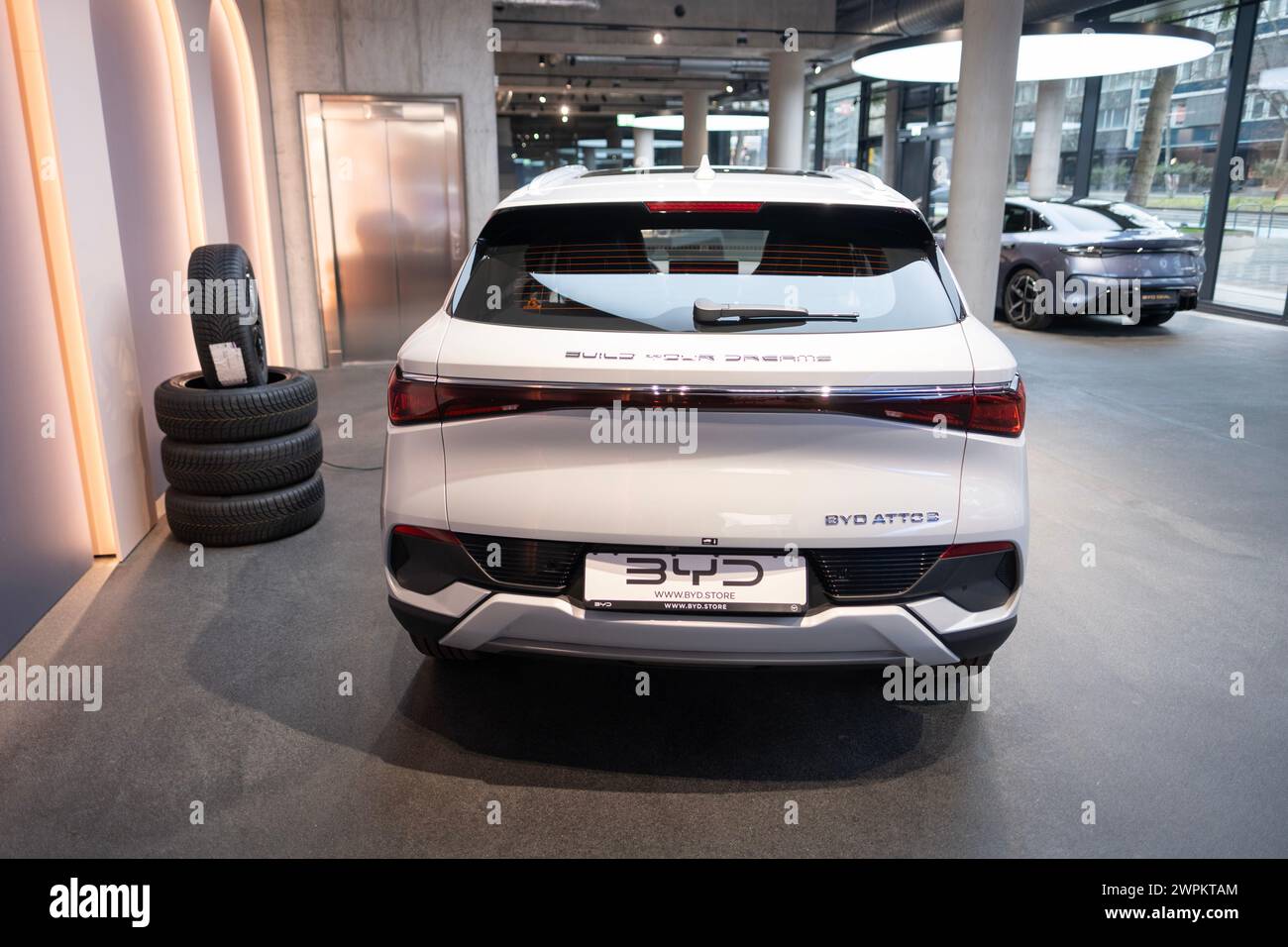 new white BYD Han EV 3.95, rear view, Electric Vehicle Chinese ...