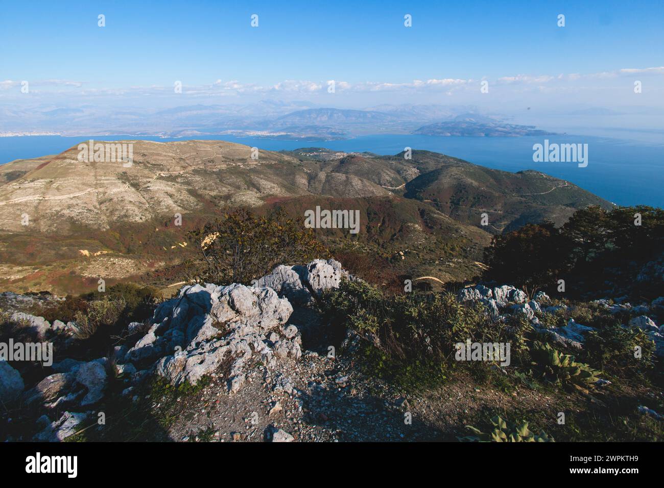Mount Pantokrator vibrant landscape summit, Thinali, Corfu island ...
